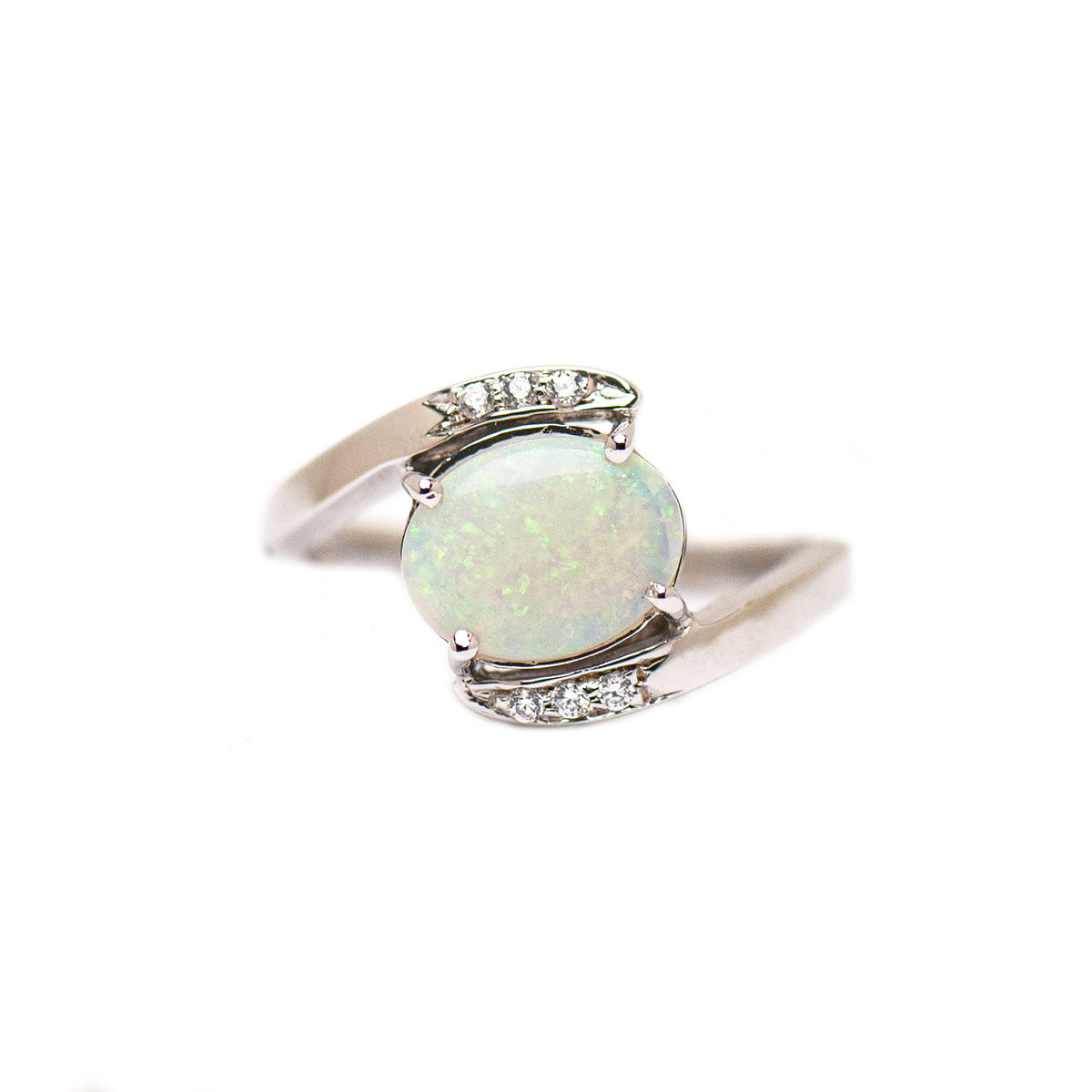 Sterling Silver Australian White Opal Ring with Cubic Zirconia | Green with Orange Flashes ...